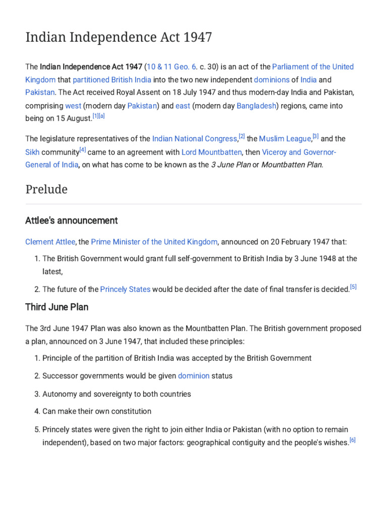 Indian Independence Act 1947 - Wikipedia | PDF | Government | Politics ...
