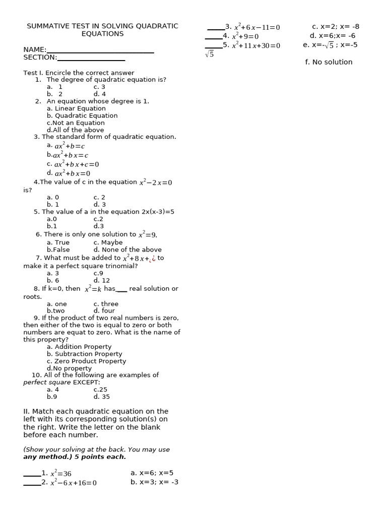 Summative Test in Solving Quadratic Equations | PDF
