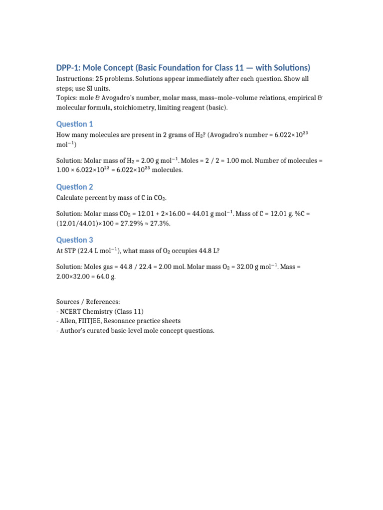 DPP-1 Mole Concept Basic Class10 | PDF