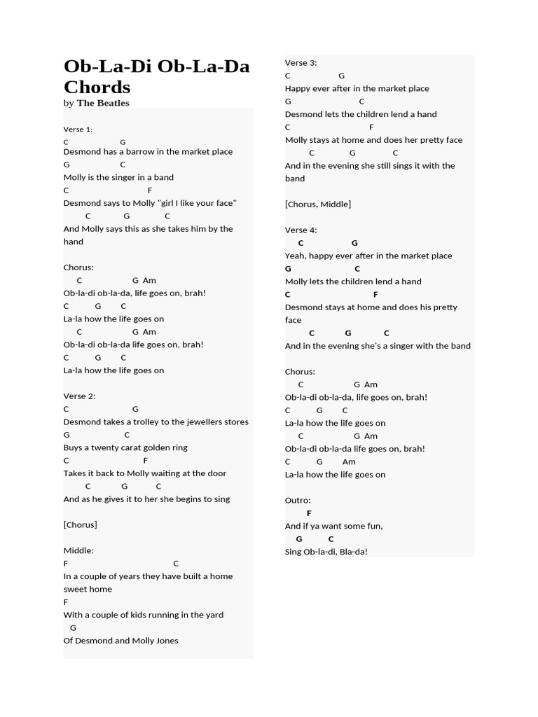 Ob La Di Ob La Da Chords | PDF | Song Structure | Sound Recording