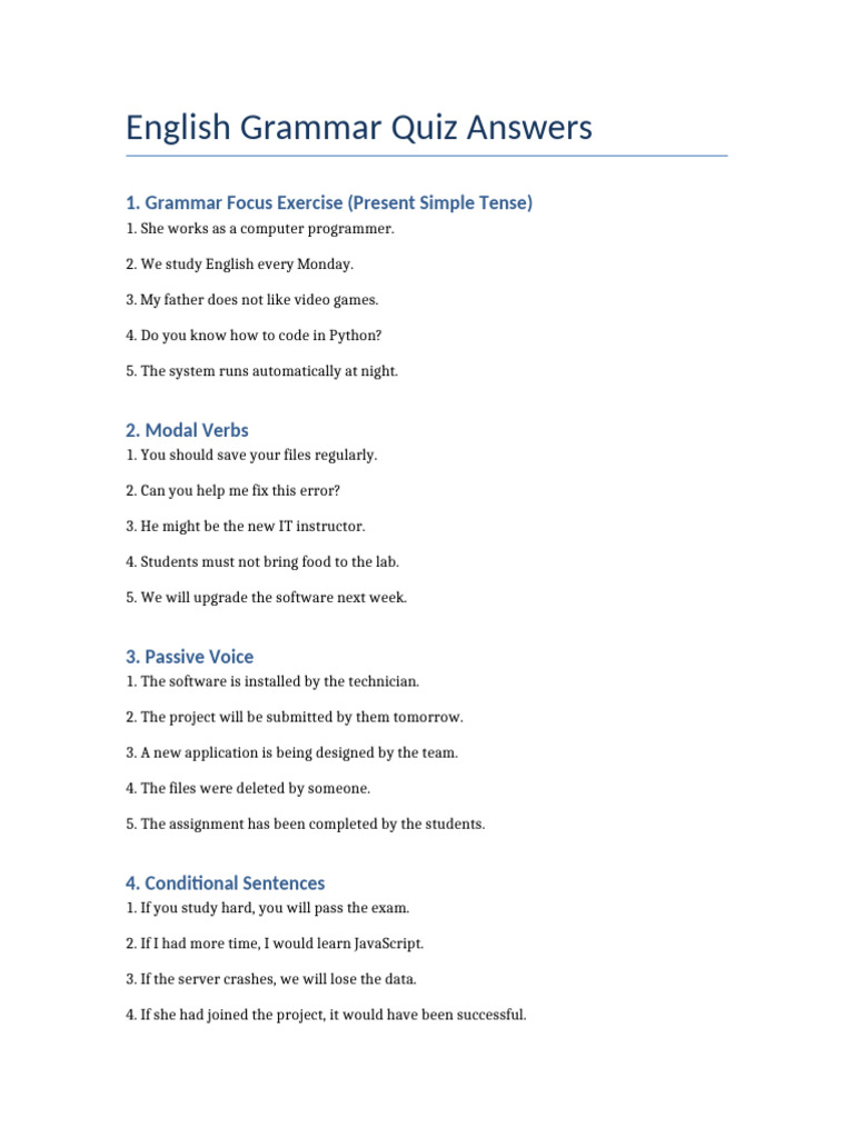 English Grammar Quiz Solutions | PDF