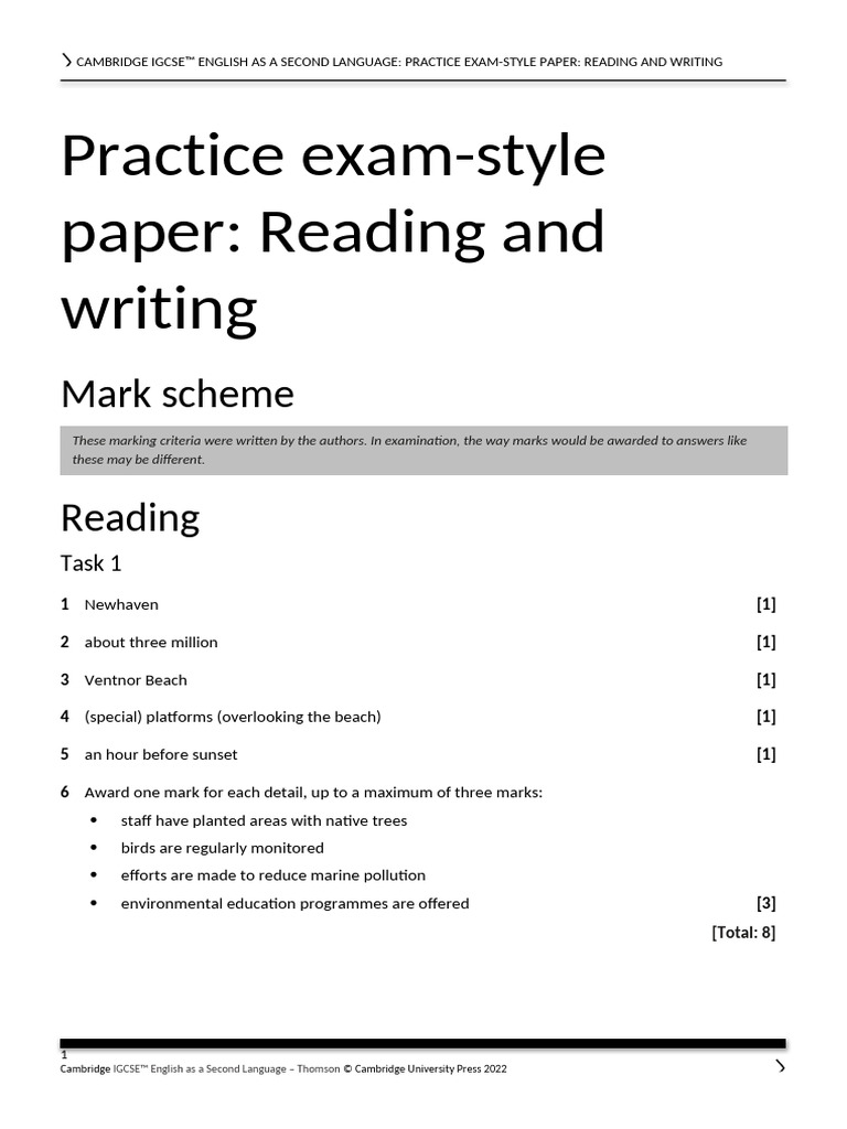Igcse Esl 6ed TR Practice Exam-Style Reading and Writing Marking Scheme | PDF | Vocabulary ...