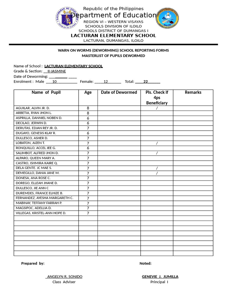 Warn On Worms Deworming School Reporting Forms | PDF