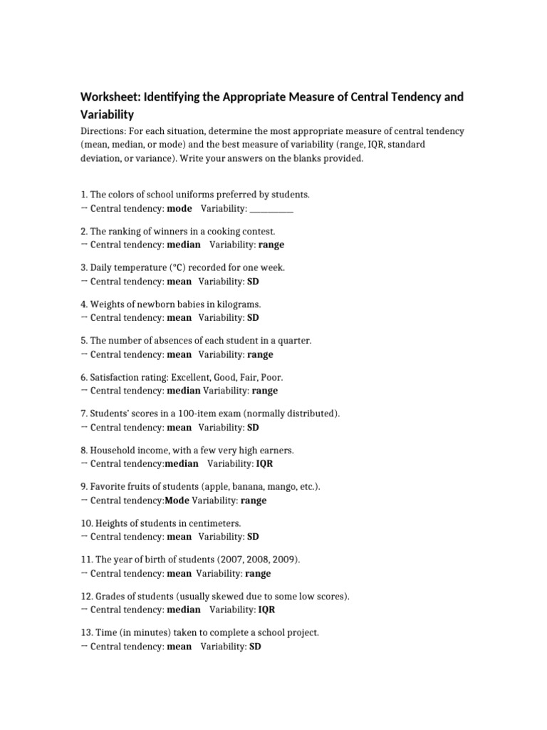 Central Tendency and Variability Worksheet | PDF | Variance | Mean