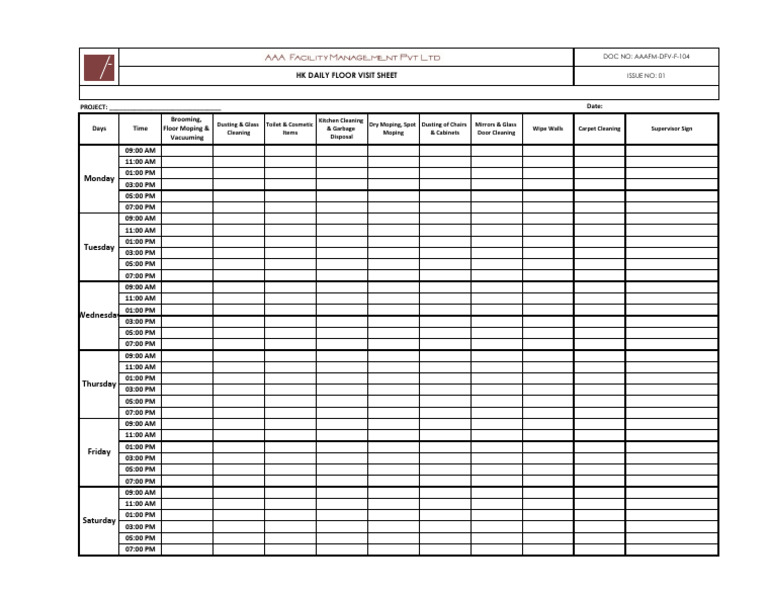 104-HK Daily Floor Visit Sheet AAAFM-DFV-F-104 | PDF