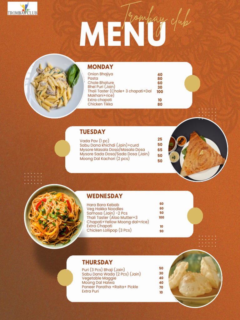 Trombay Club Weekly Menu | PDF | Food And Drink | Western Cuisine
