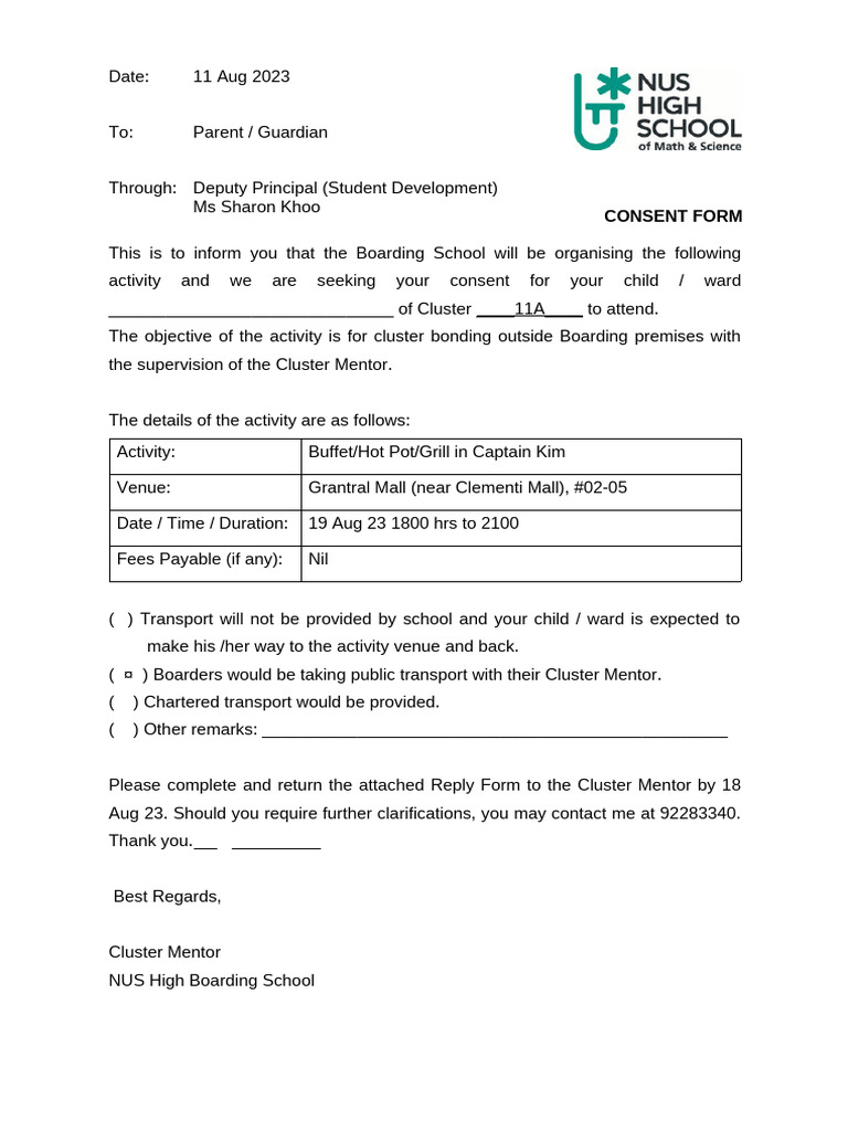 Boarding School Activity Consent Form | PDF