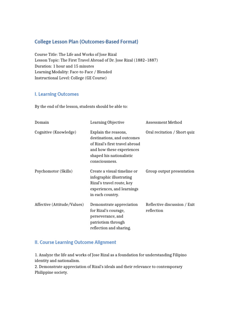 College Lesson Plan Rizal First Travel | PDF | Learning | Psychological Concepts
