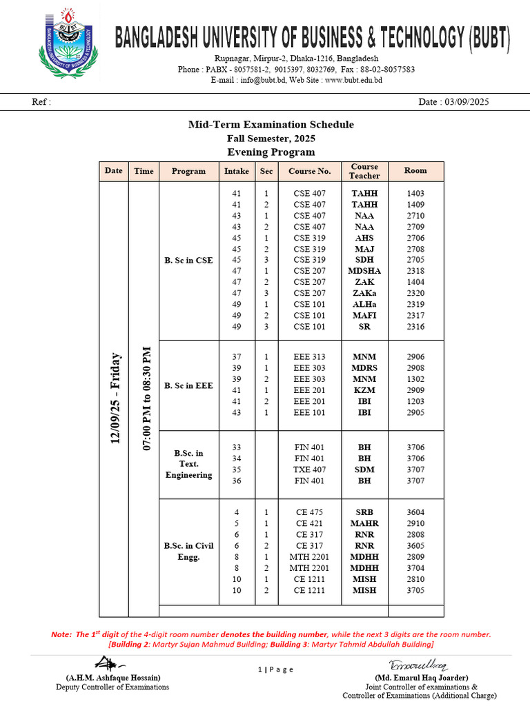 Mid-Term Examination Schedule, Fall-2025 Evening Programs | PDF