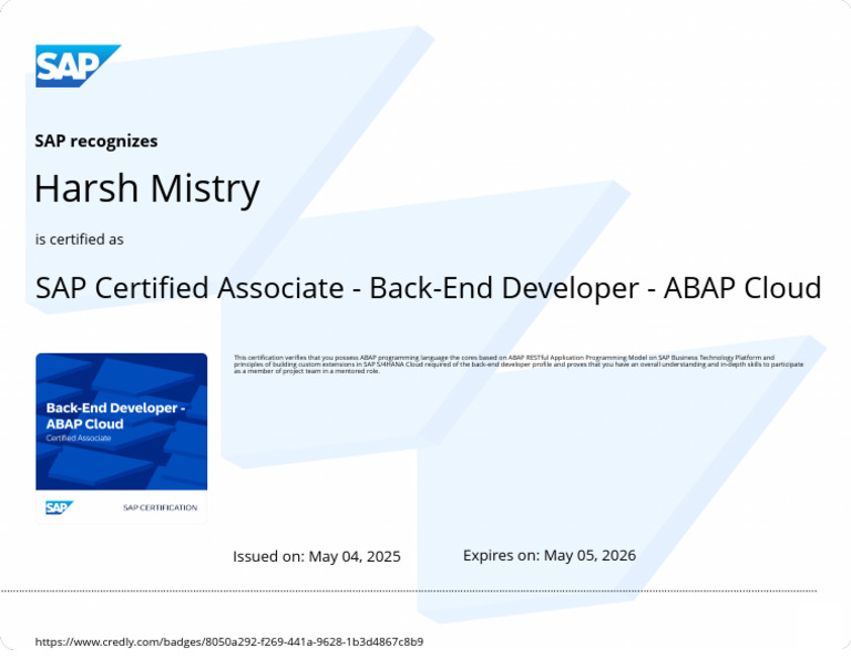 Back-End Developer - ABAP Cloud Global Certificate | PDF