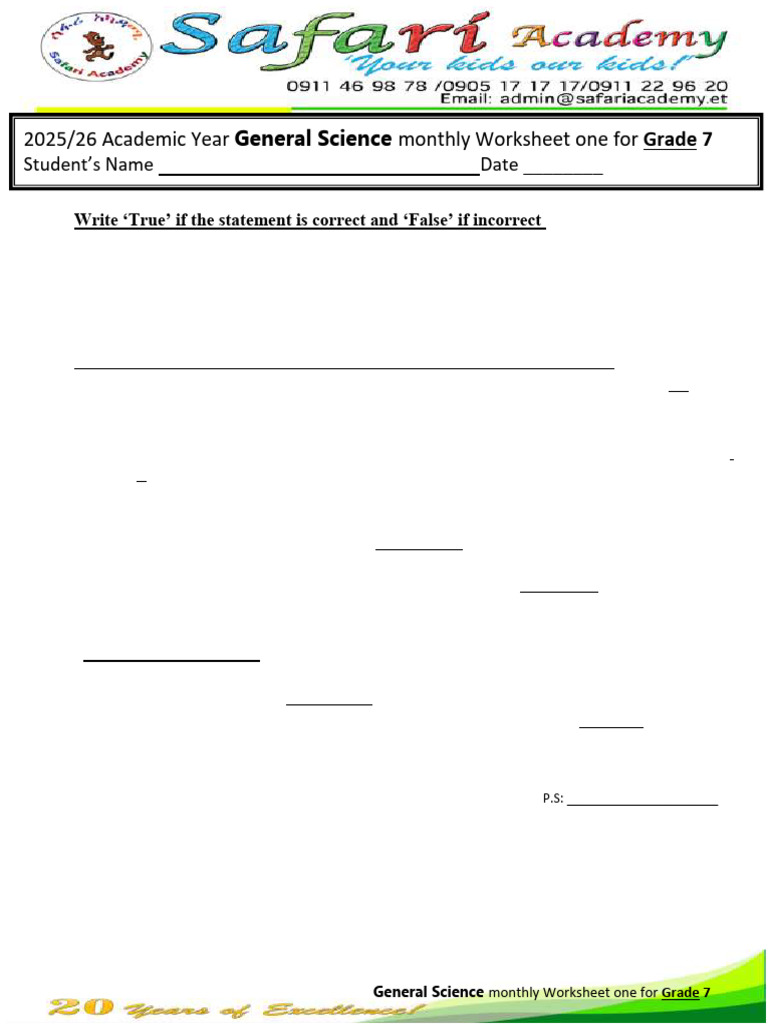 General Science Monthly Worksheet One For Grade 7 | PDF