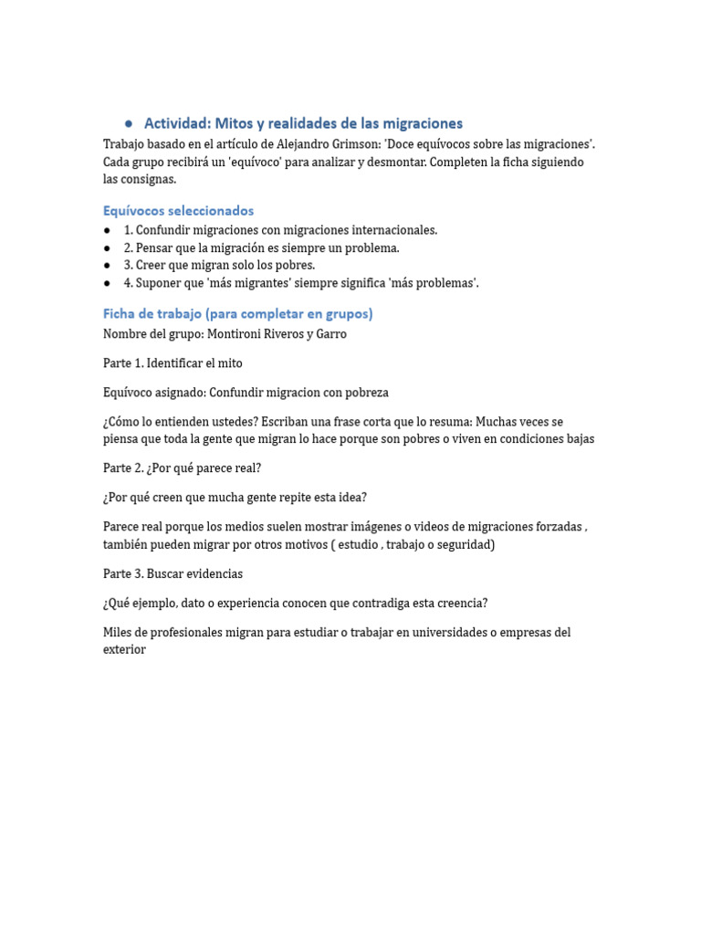 Actividad - Mitos y Realidades de Las Migraciones | PDF