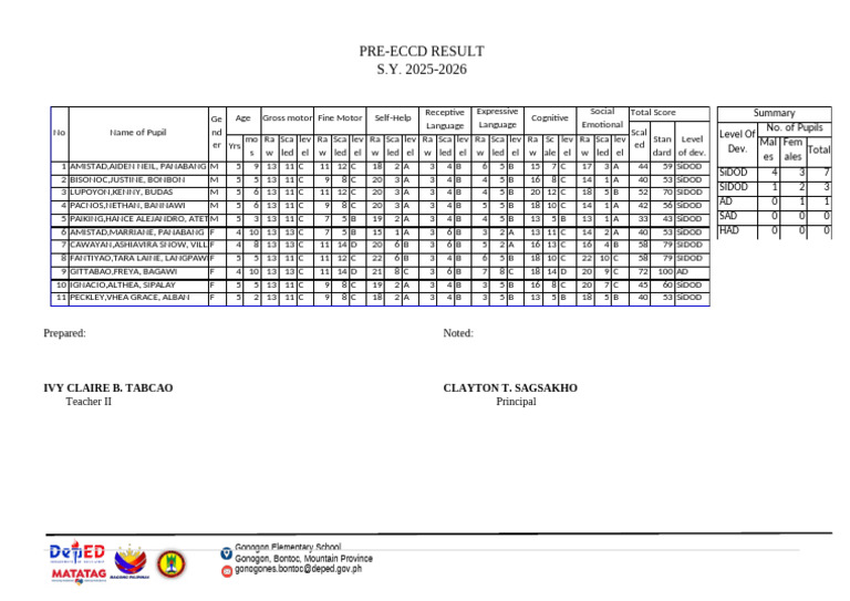 Pre-ECCD Results for Gonogon School | PDF