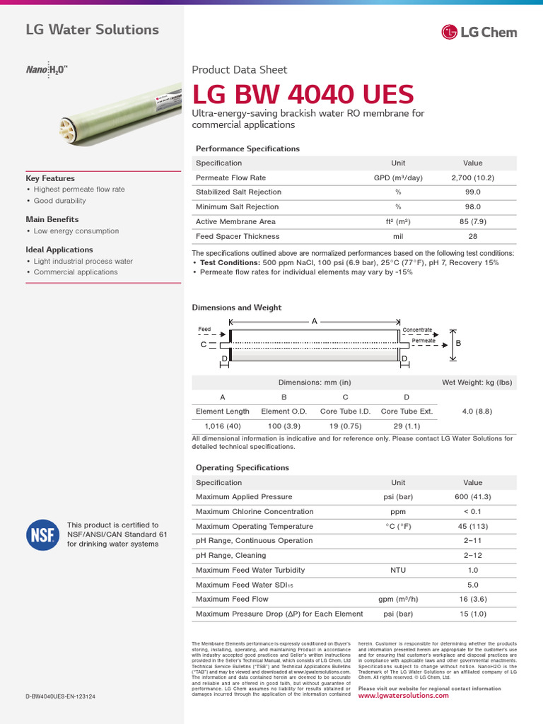 Data Sheet LG BW 4040 UES | PDF | Membrane | Sodium Chloride