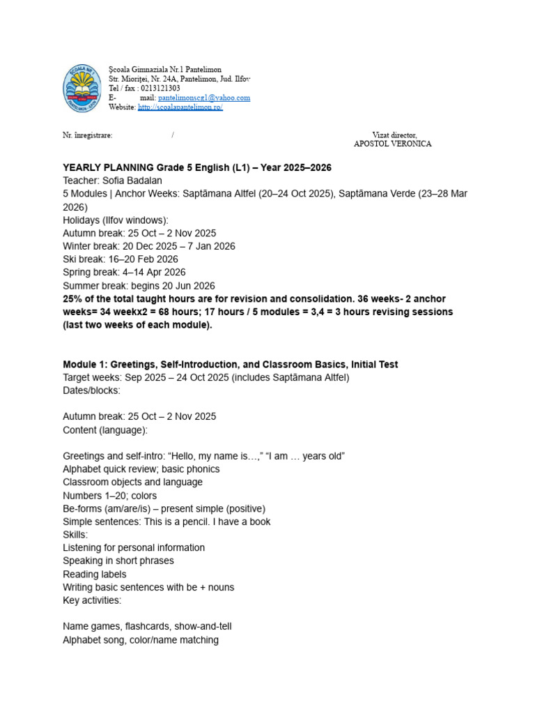 Grade 5 English Yearly Plan 2025-2026 | PDF | Linguistics | Grammar