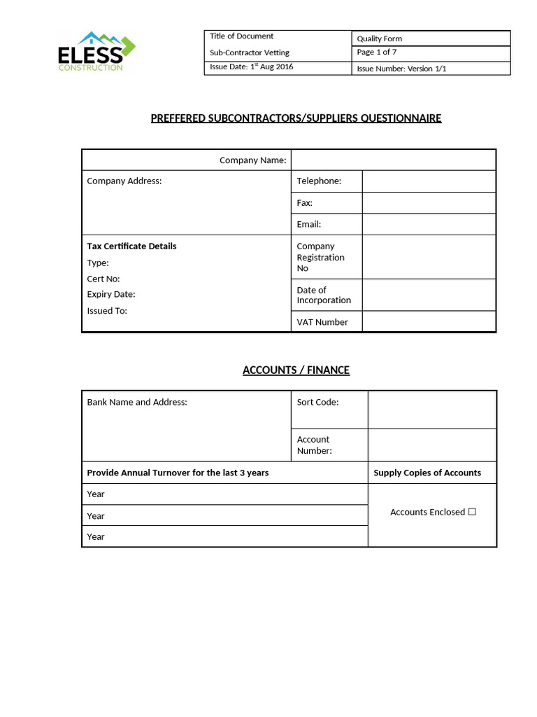 Sub Contractor Vetting Form Eless Construction | PDF | Subcontractor ...