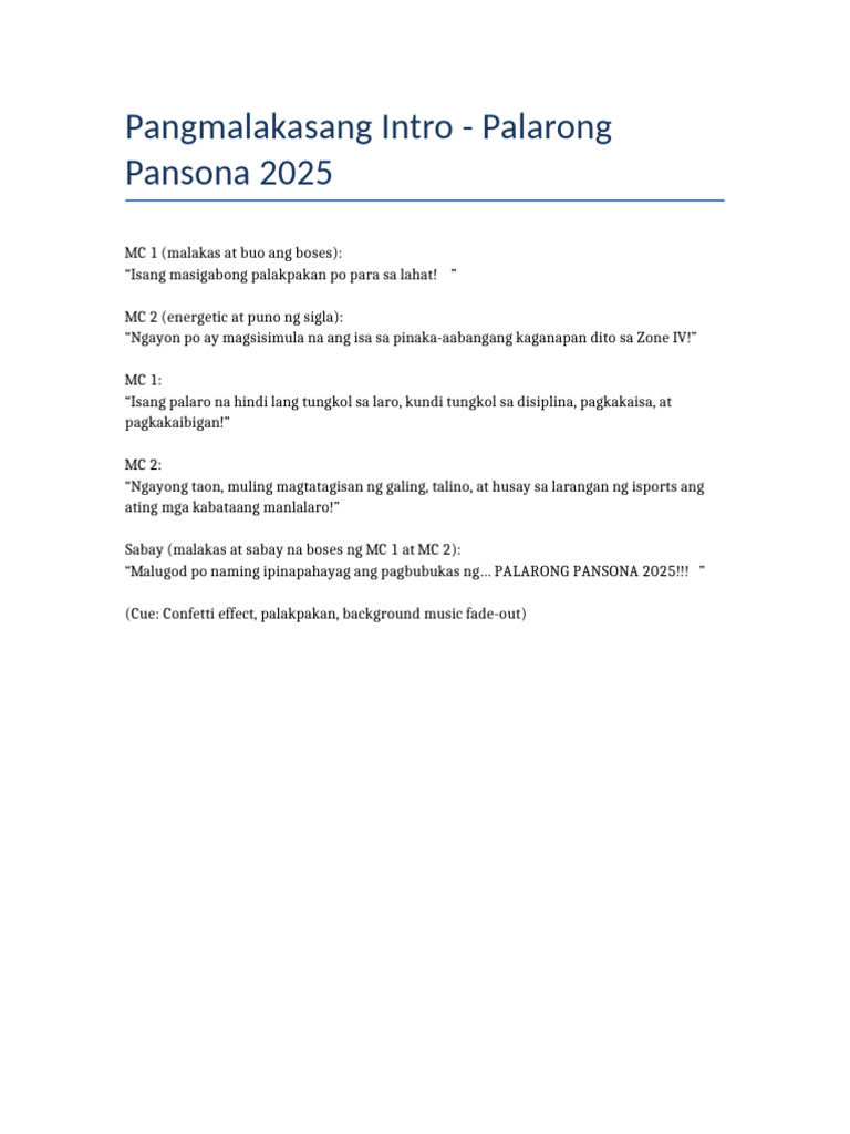 Pangmalakasang Intro Palarong Pansona 2025 | PDF