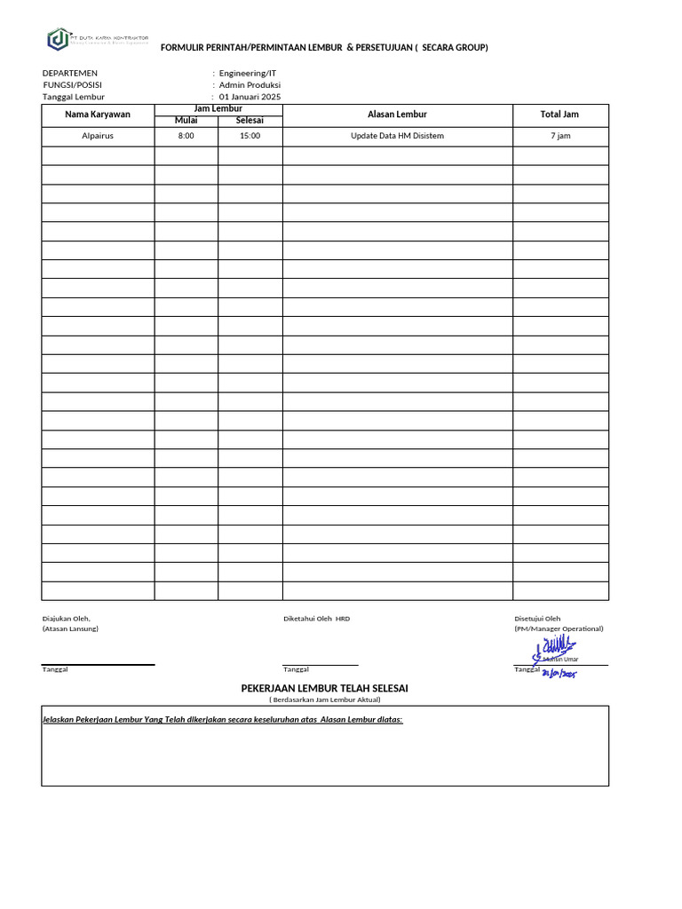 Formulir Permintaan Lembur Karyawan IT | PDF