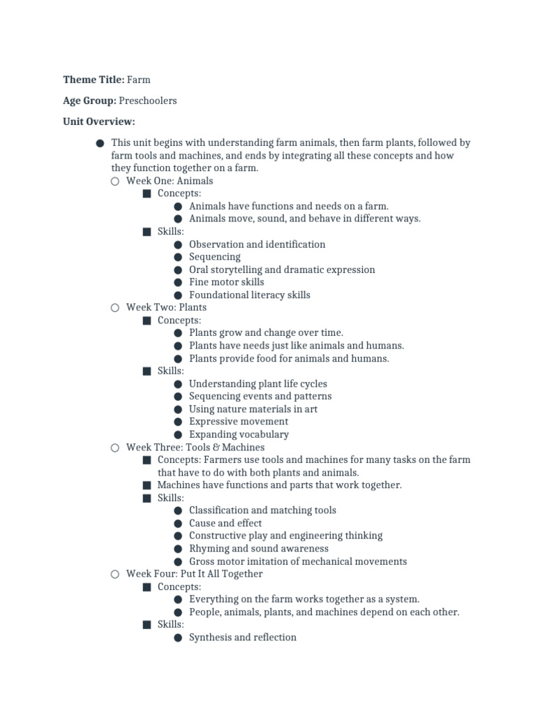 Preschool Creative Arts Thematic Unit: Farm | PDF | Reading ...