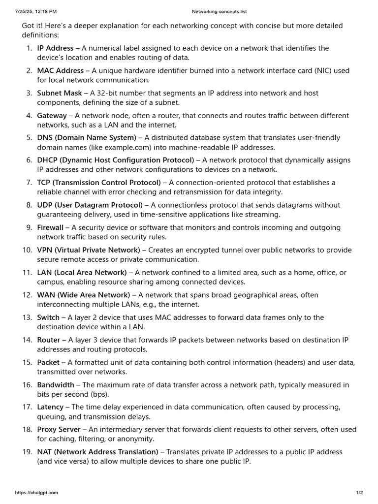Networking Concepts Deeper Definitions | PDF | Computer Network ...