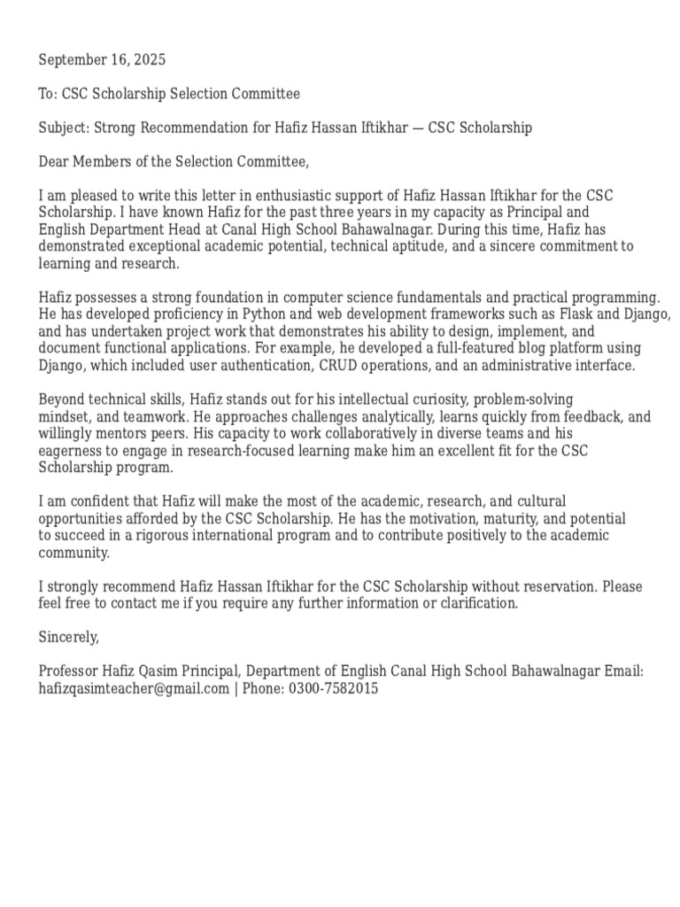 Recommendation Hafiz Hassan Iftikhar CSC Scholarship v2 | PDF