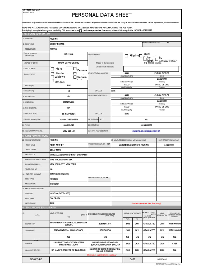 Personal Data Sheet Template | PDF