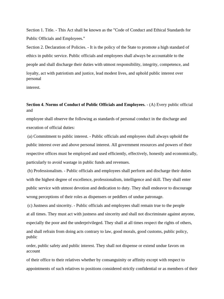 Code of Conduct and Ethical Standard For Public Official and Employees ...