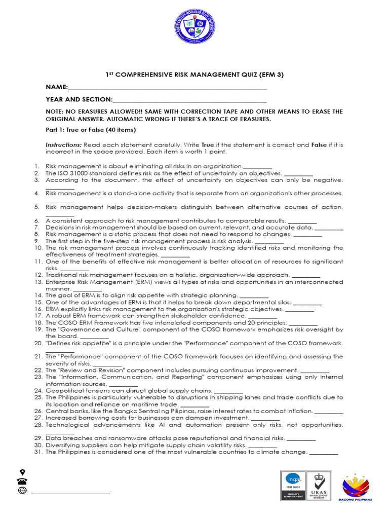 Comprehensive Risk Management Quiz | PDF | Risk Management | Risk