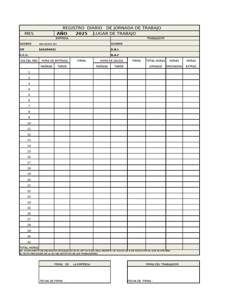 Registro Diario Trabajo Servocom | PDF