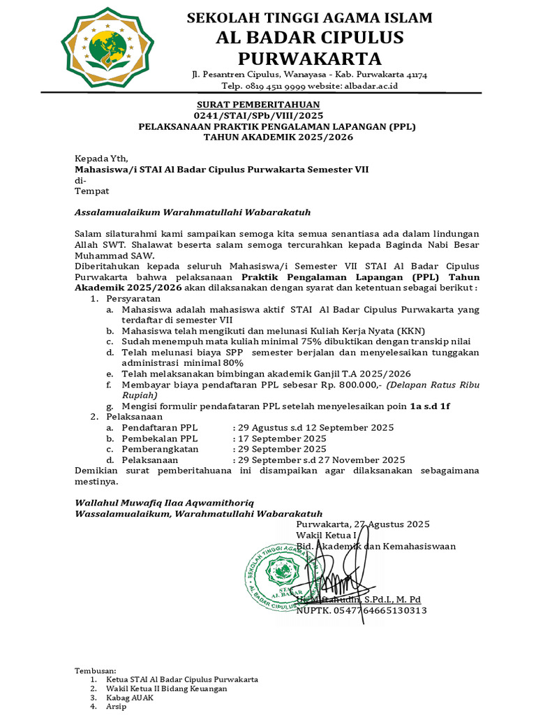 Pemberitahuan PPL STAI Al Badar 2025 | PDF