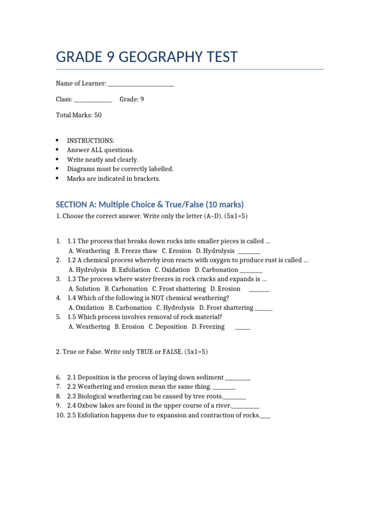 Grade9 Geography Test Final | PDF | Weathering | Erosion
