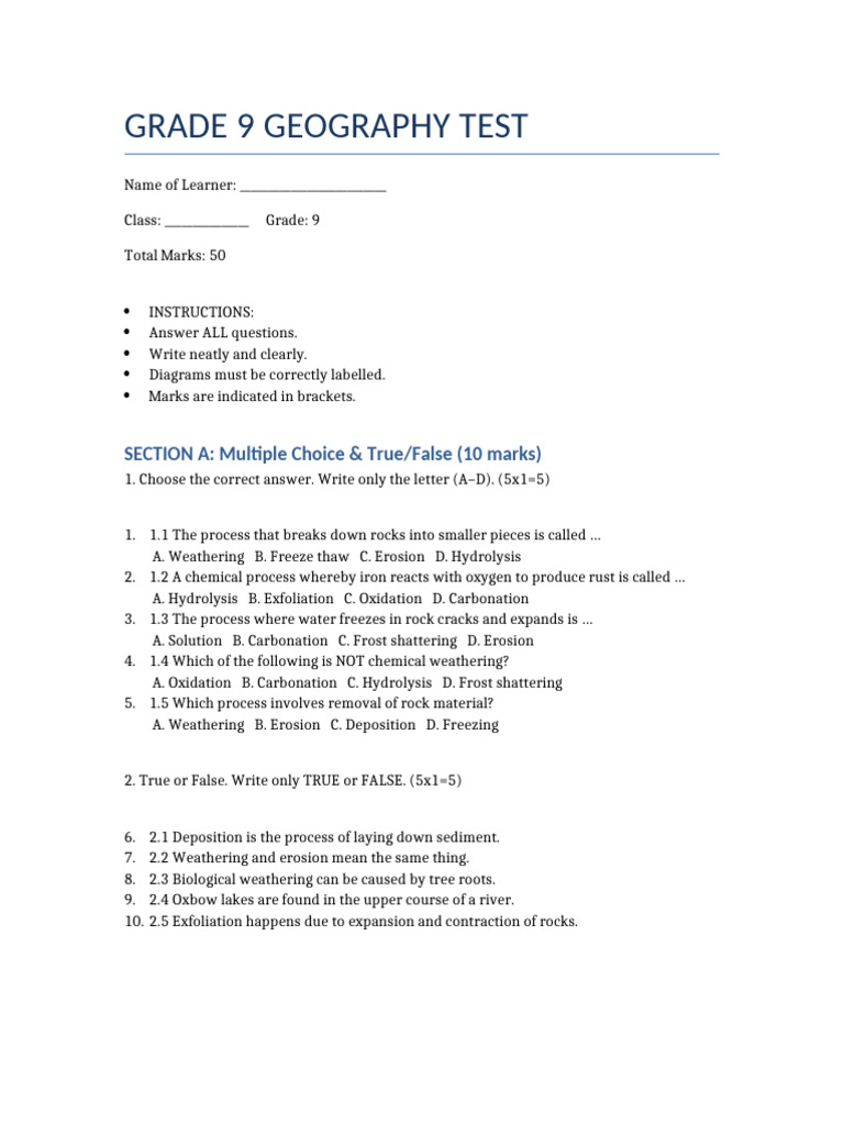 Grade 9 Geography Test: Weathering & Erosion | PDF | Weathering | Erosion