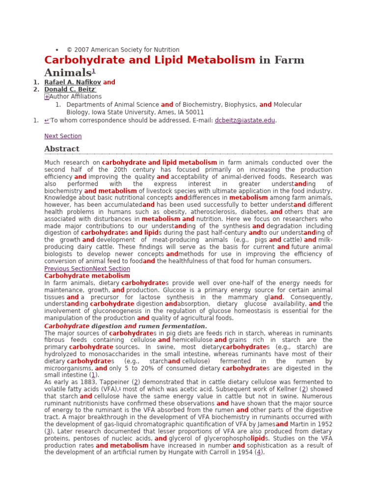 Carbohydrate and Lipid Metabolism in Farm Animals | PDF | Carbohydrates ...