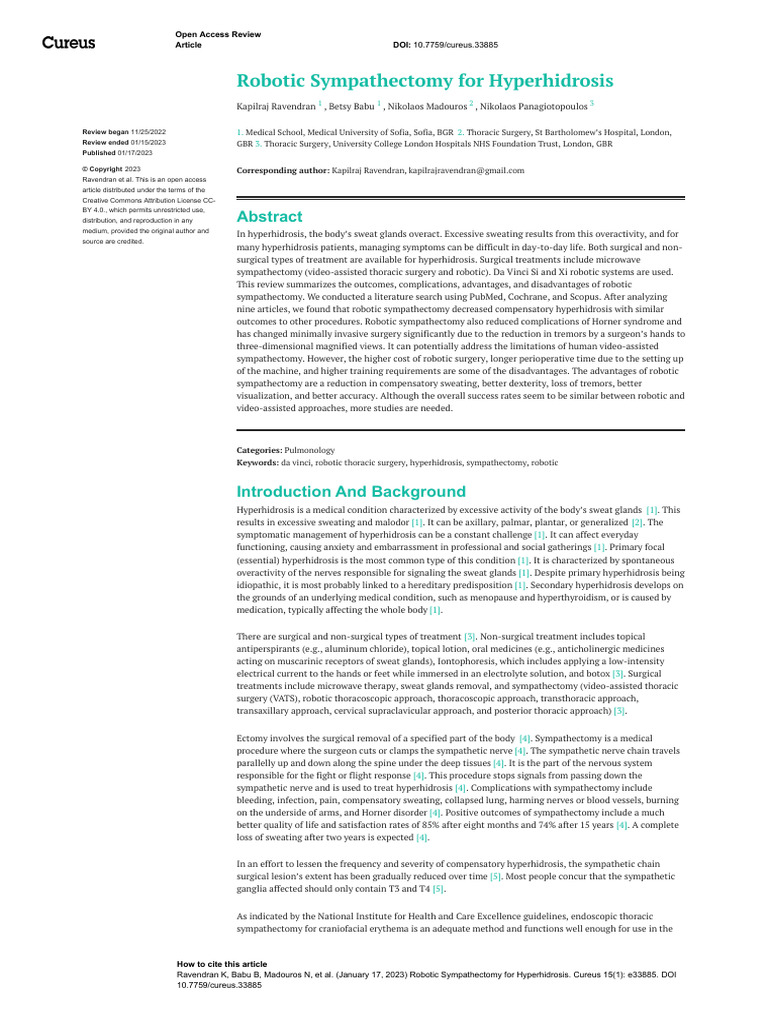 Robotic Sympathectomy for Hyperhidrosis | PDF
