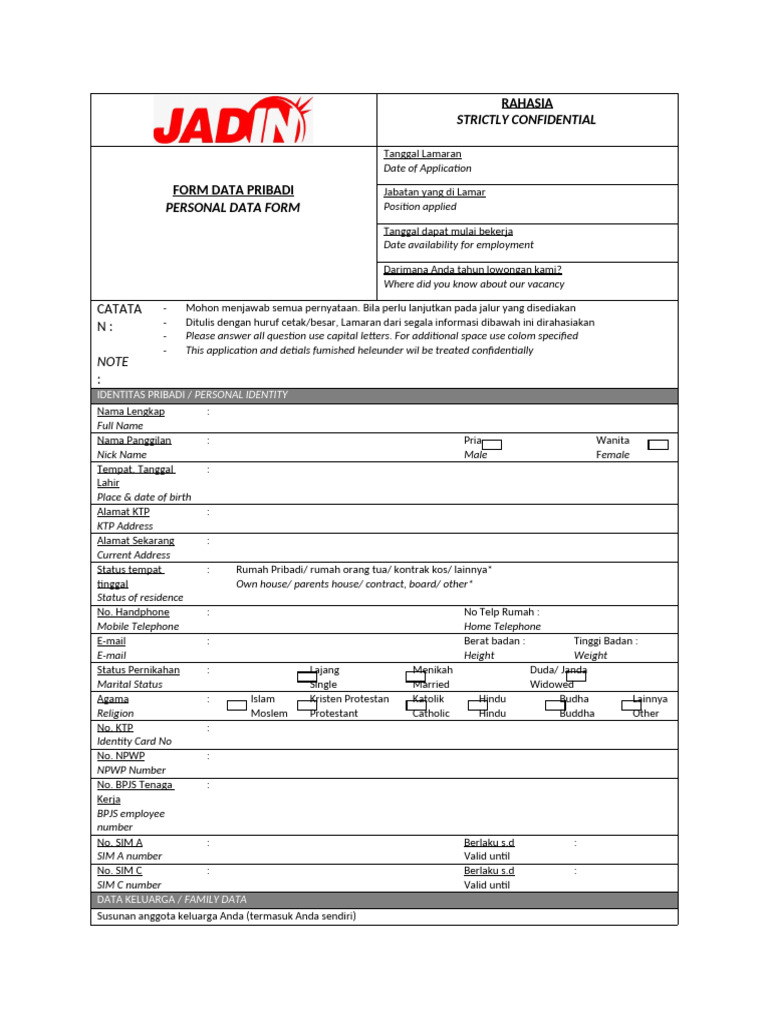 Form Biodata Diri Jadin Pratama | PDF