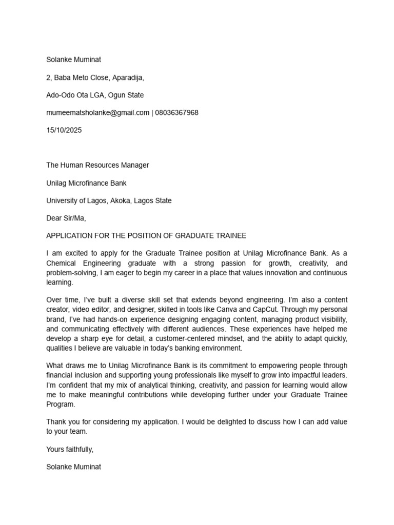 Graduate Trainee Application Letter | PDF