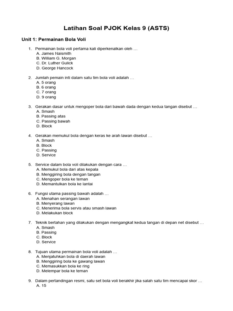 Latihan Soal PJOK Kelas 9 (ASTS) | PDF