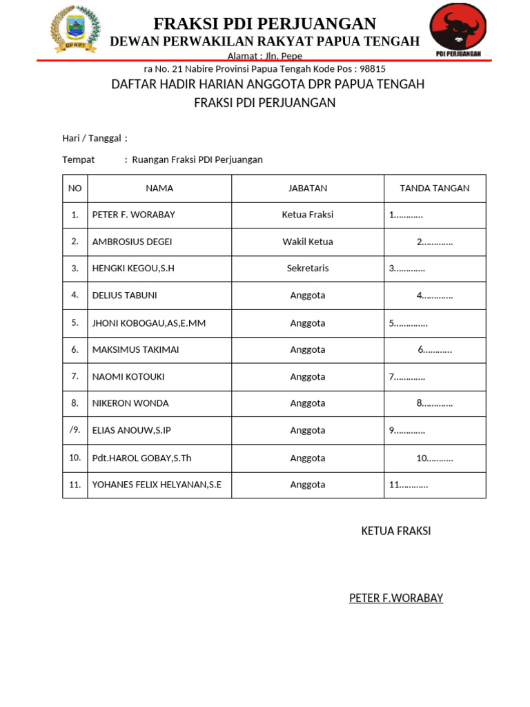 Daftar Hadir Fraksi PDI Perjuangan DPR Papua Tengah | PDF