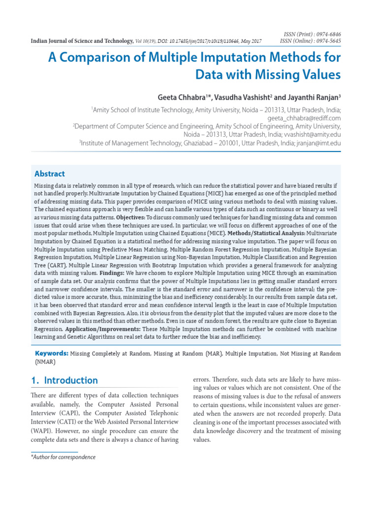 A Comparison of Multiple Imputation Methods For Data With Missing Values | PDF | Regression ...