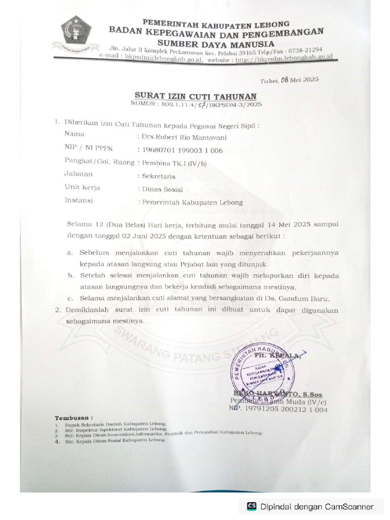 Surat Cuti Robert Rio Mantovani Tahun 2025 14 Mei - 02 Juni ...