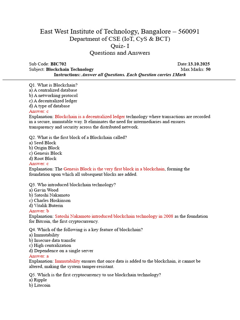 Blockchain Technology Quiz Overview | PDF | Cryptocurrency | Public Key ...