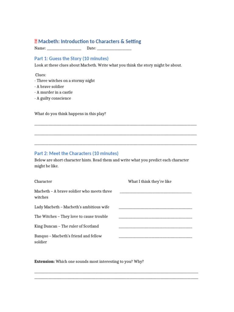 Macbeth Introduction Worksheet | PDF | Macbeth | Shakespearean Tragedies