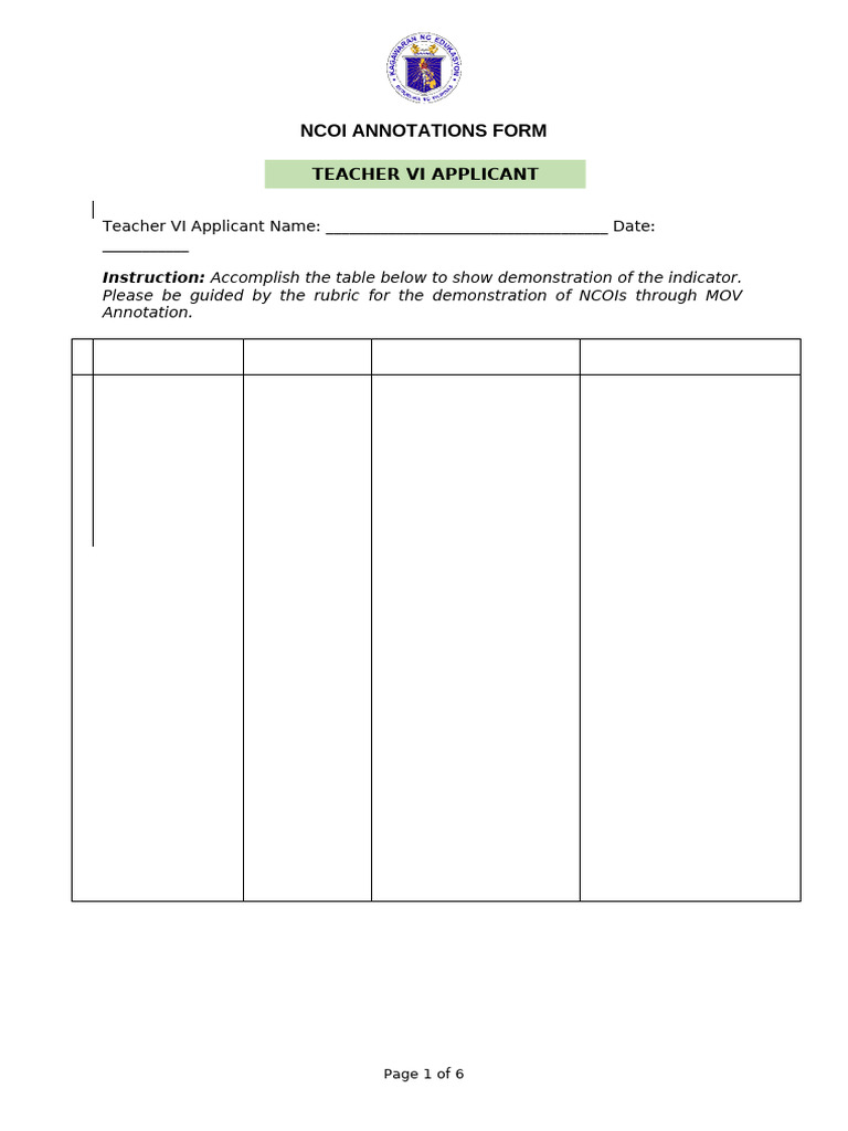 NCOI Annotations Form For Teacher VI Applicant | PDF | Learning | Pedagogy