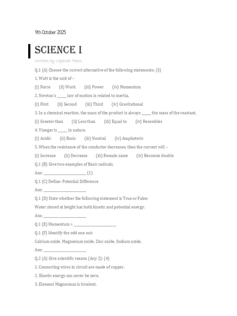 Science Exam Questions and Answers | PDF | Magnesium | Physical Chemistry