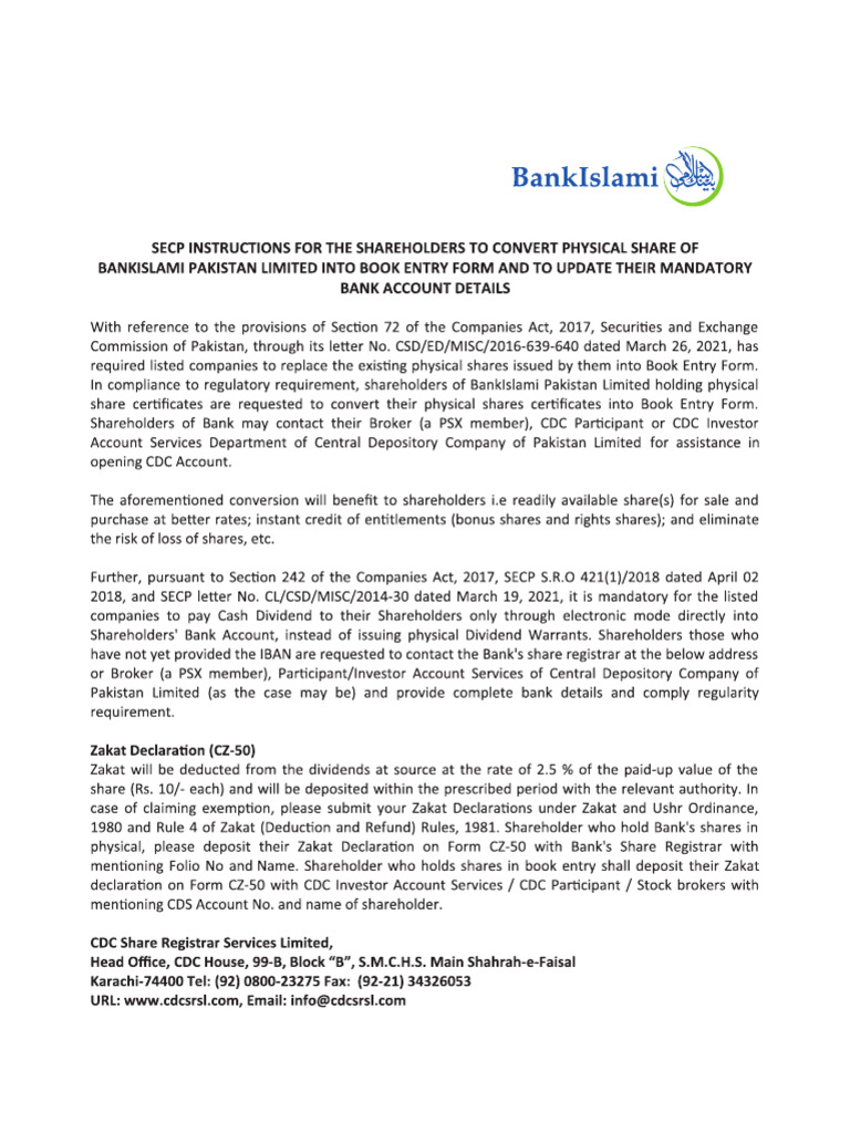 SECP Instruction For Conversion of Physical Shares and Update IBAN ...