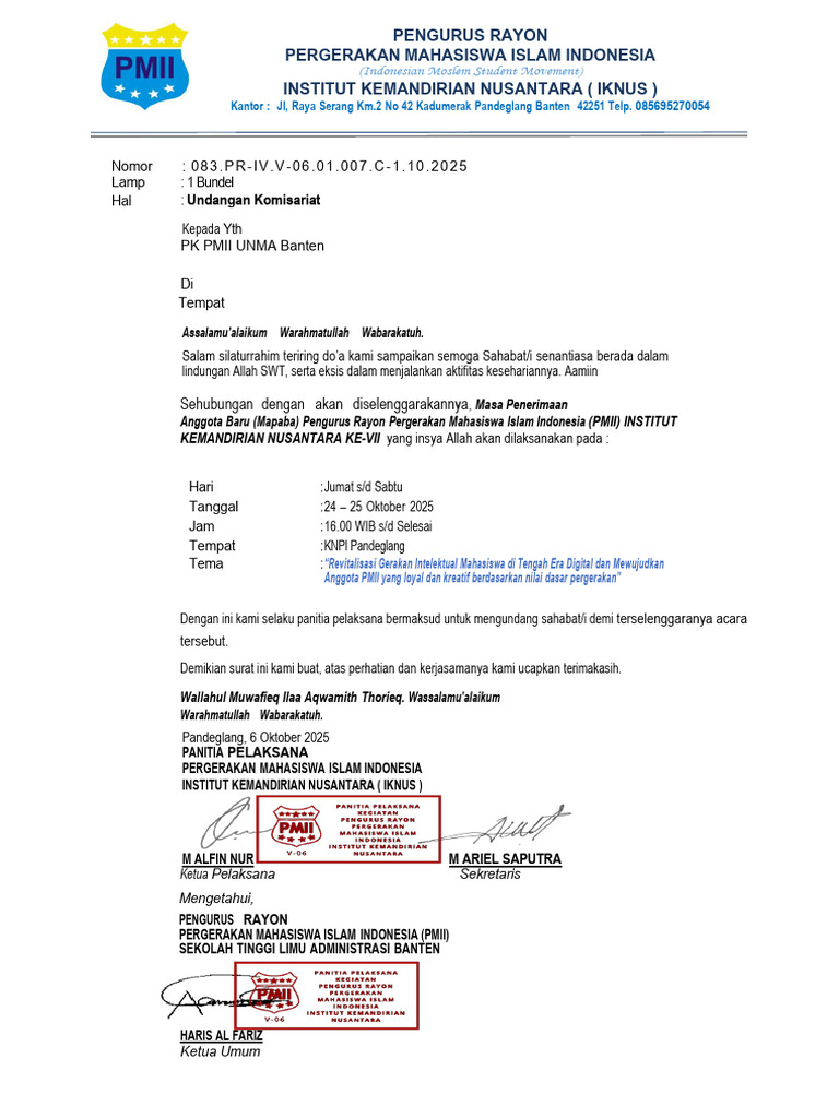 Surat Undangan PK PMII UNMA | PDF