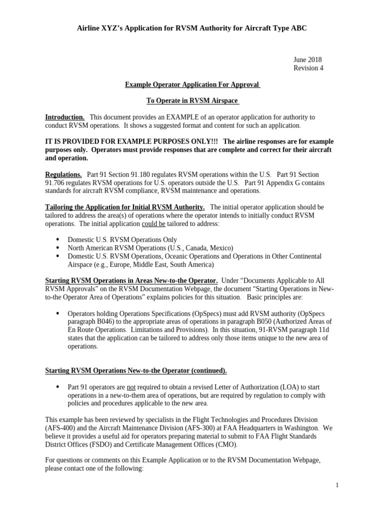 RVSM Example Application 2018 | PDF | Federal Aviation Administration ...
