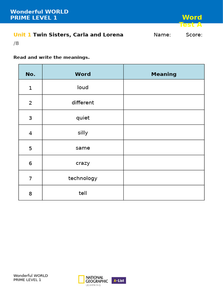 WW Prime L1 Word Test A U1 | PDF