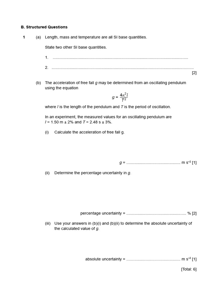 Physics A Level (9702) - Homework Physical Quantities and Units SQ ...