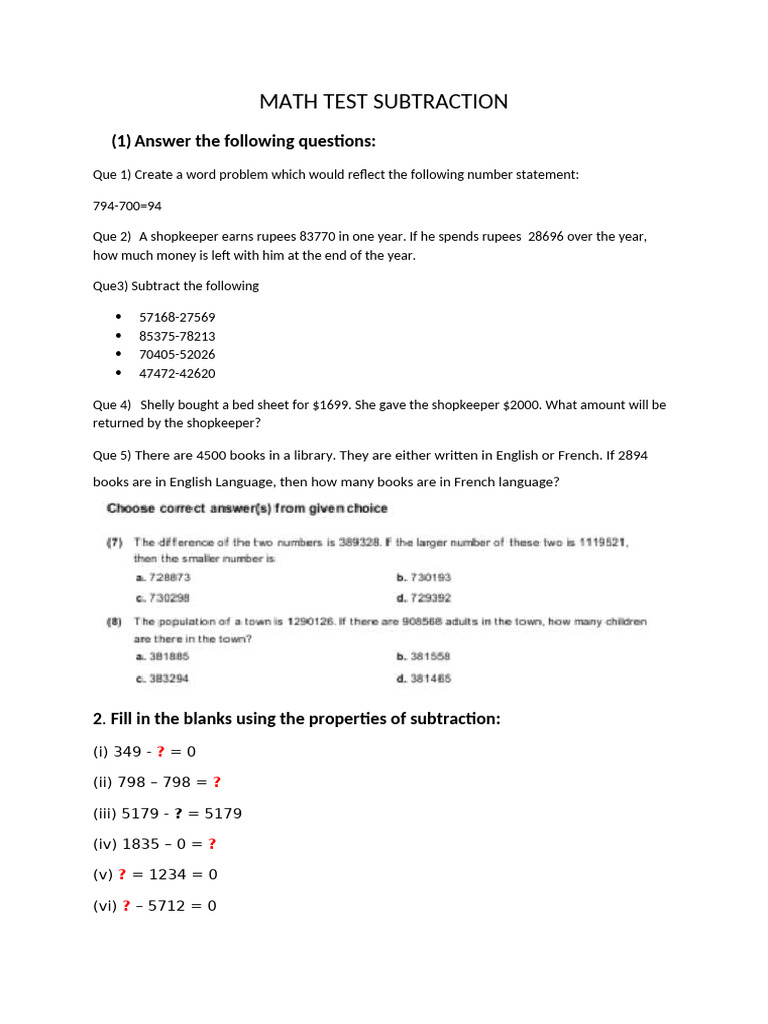 Math Test Subtraction | PDF